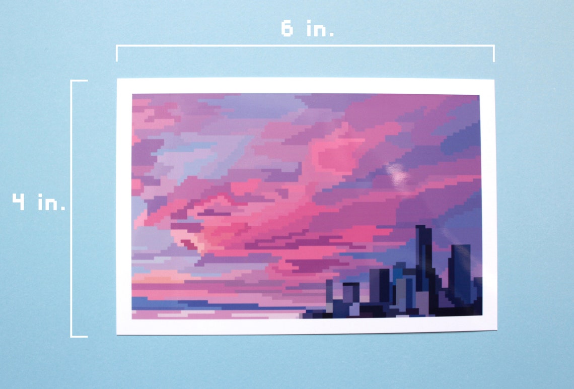 Cityscape Pixel Art Pink Sunset Mini Print Small 4x6 Glossy - Etsy
