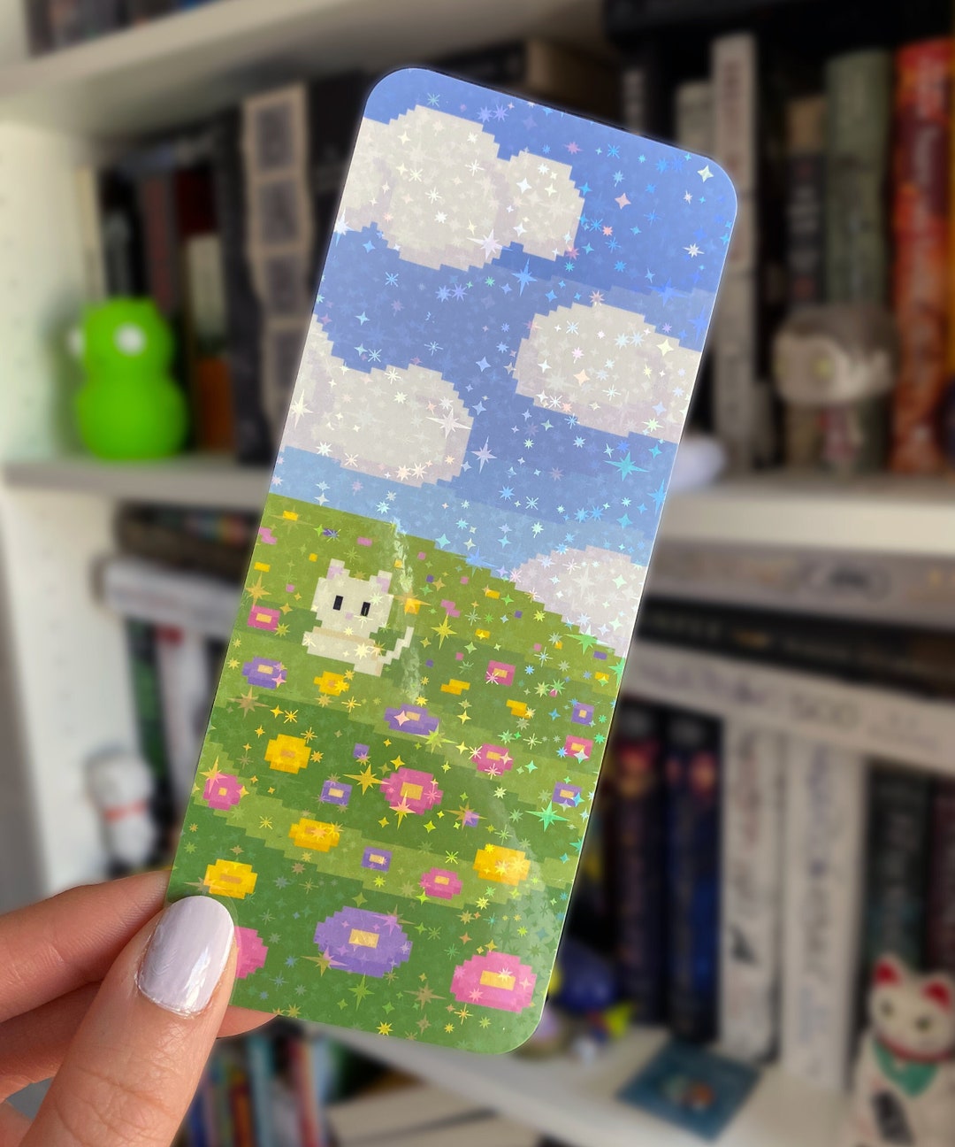 Pixel Art Cat in Flower Field Holographic Bookmark, Handmade Laminated ...