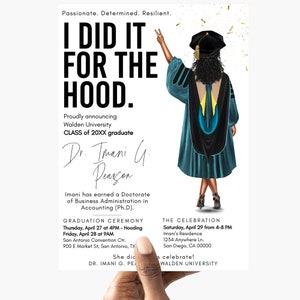 Phd Doctoral Black Graduation Invitation, Black Doctorate Graduation ...