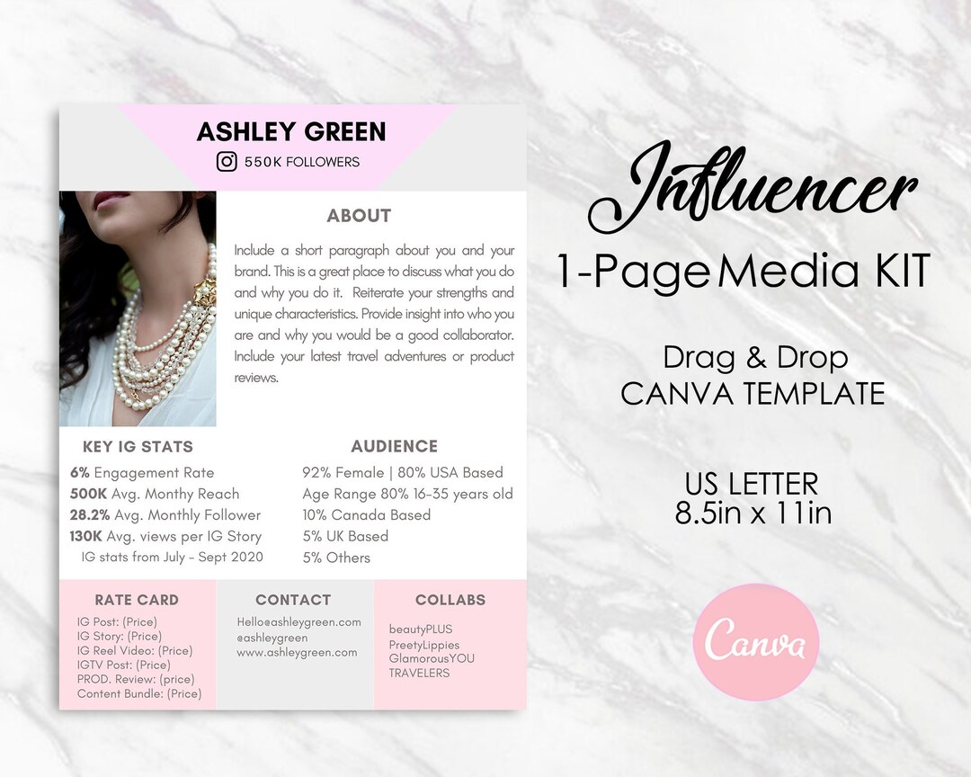Instagram Influencer Media Kit Template | Editable in Canva | Rate Card ...