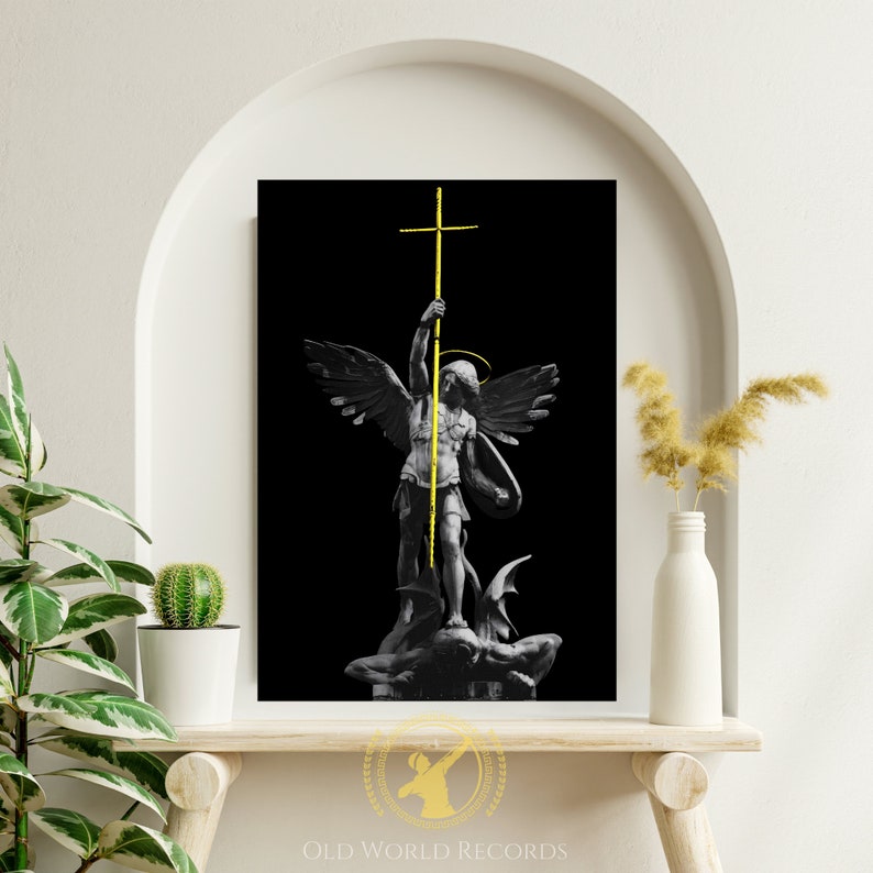 Archangel Saint Michael Killing Devil, Black and White, Spiritual Art ...