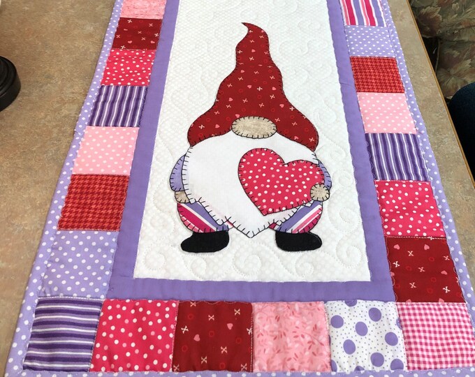Valentines Heart Gnome - Hand Appliqué - Quilted Table Runner - Etsy