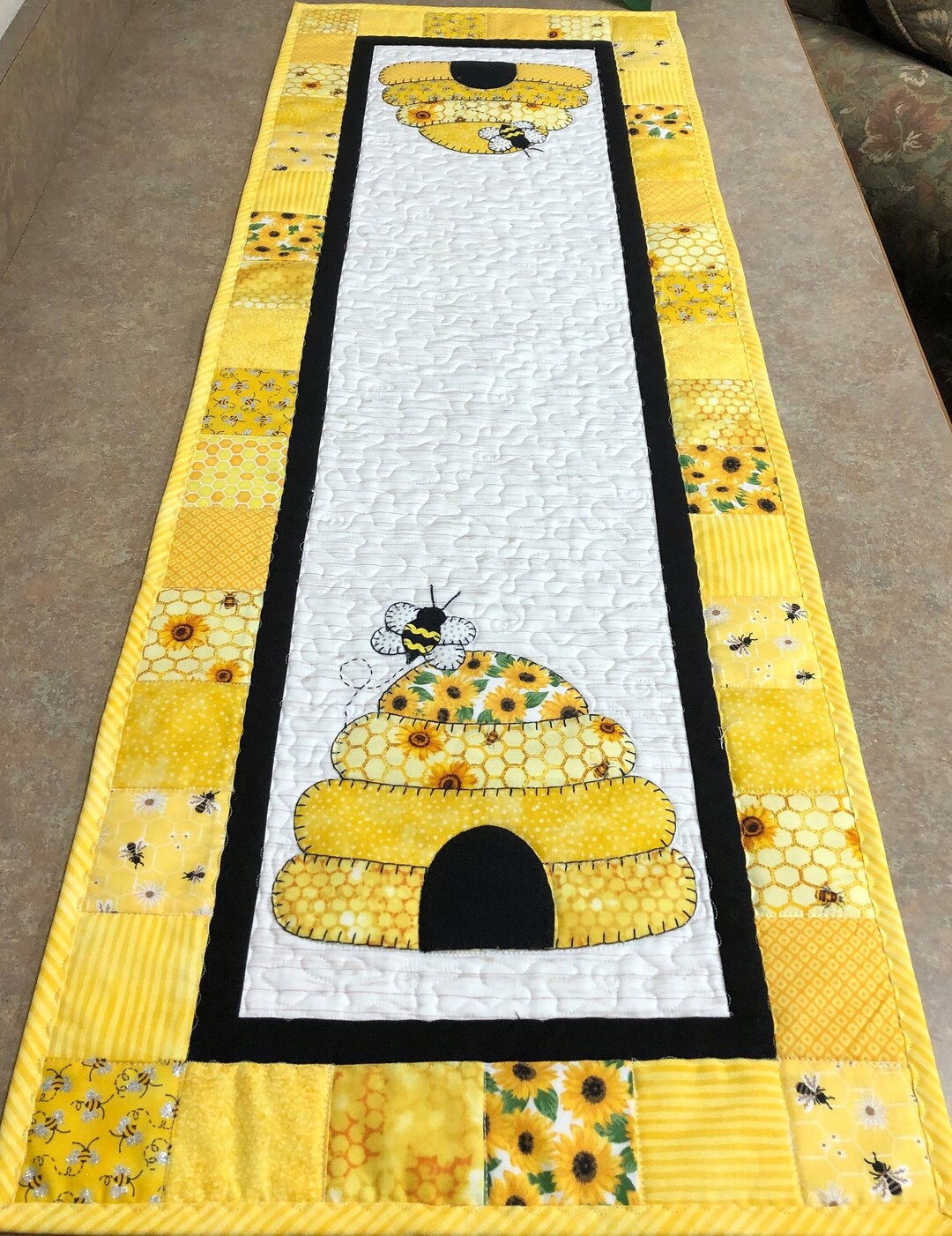 Bee Hive Black and Yellow Hand Applique Quilted Table Runner - Etsy