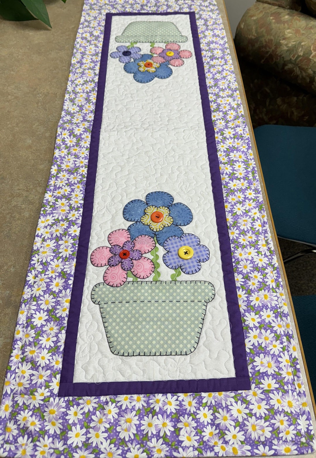 Flowers in Flower Pot - Hand Applique Quilted Table Runner - Etsy