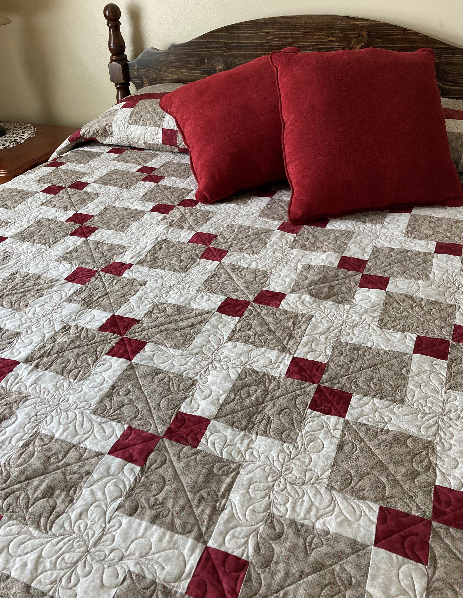 Queen Size Patchwork Quilt Burgundy and Taupe | Etsy