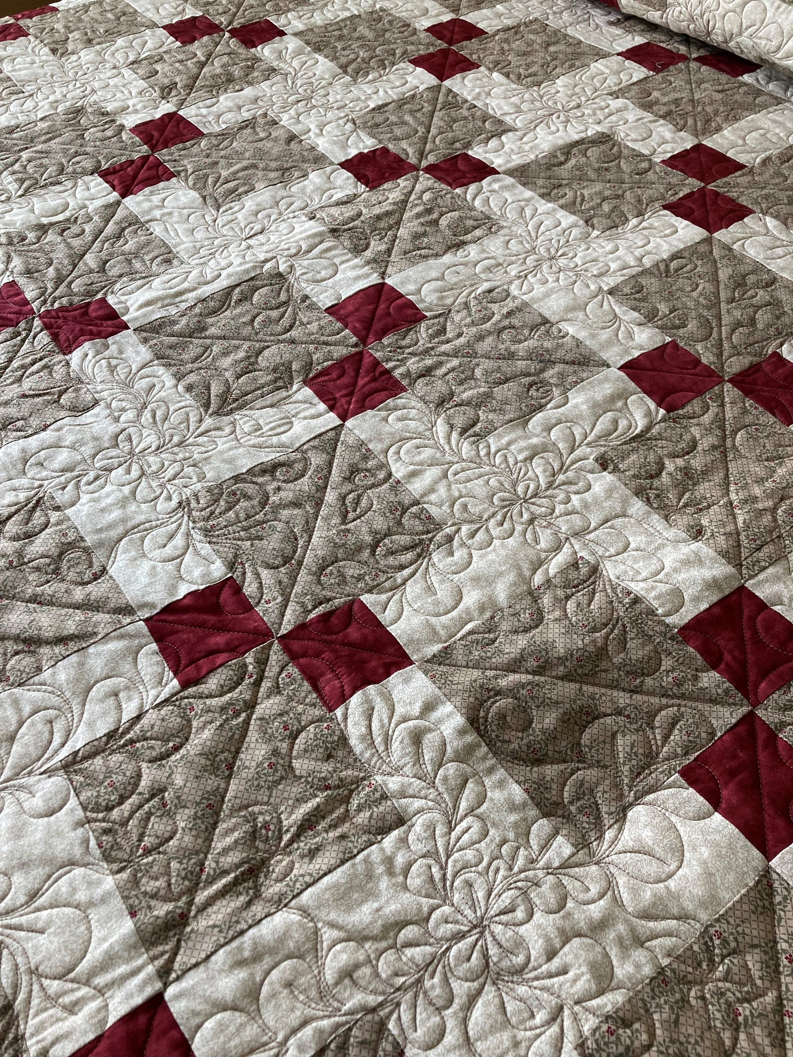 Queen Size Patchwork Quilt Burgundy and Taupe | Etsy