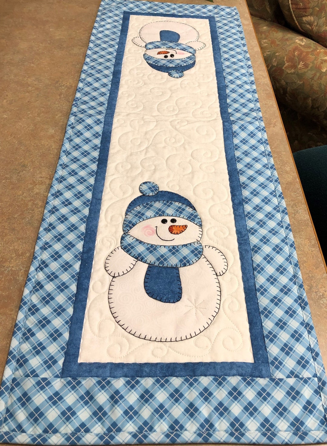 Blue Plaid Snowman Hand Appliqué Quilted Table Runner - Etsy