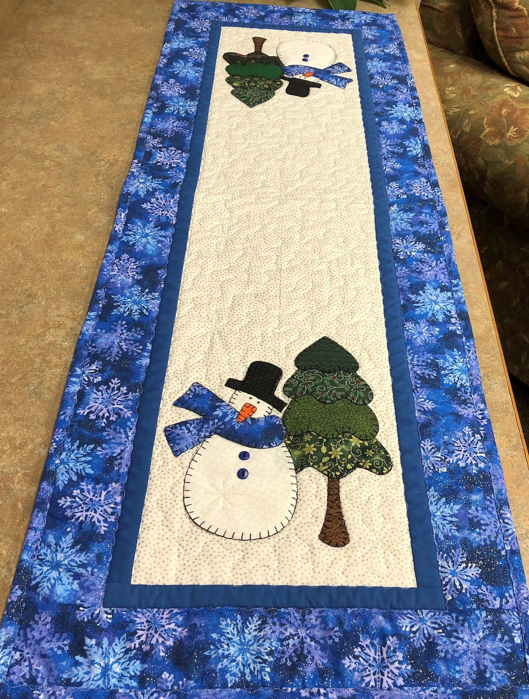 Blue Snowflake Snowman With Tree Hand Appliqué Quilted Table Runner - Etsy
