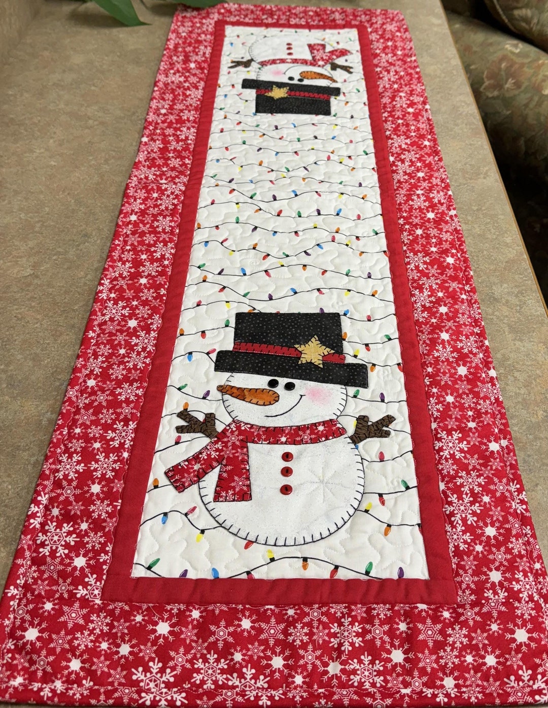 Red Snowflake Top Hat Snowman Hand Appliqué Quilted Table Runner - Etsy