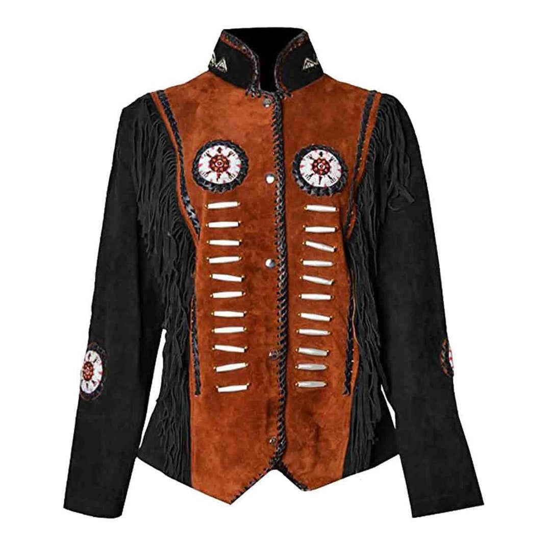 Men Suede Western Cowboy Leather Jacket With Fringe , Native American ...