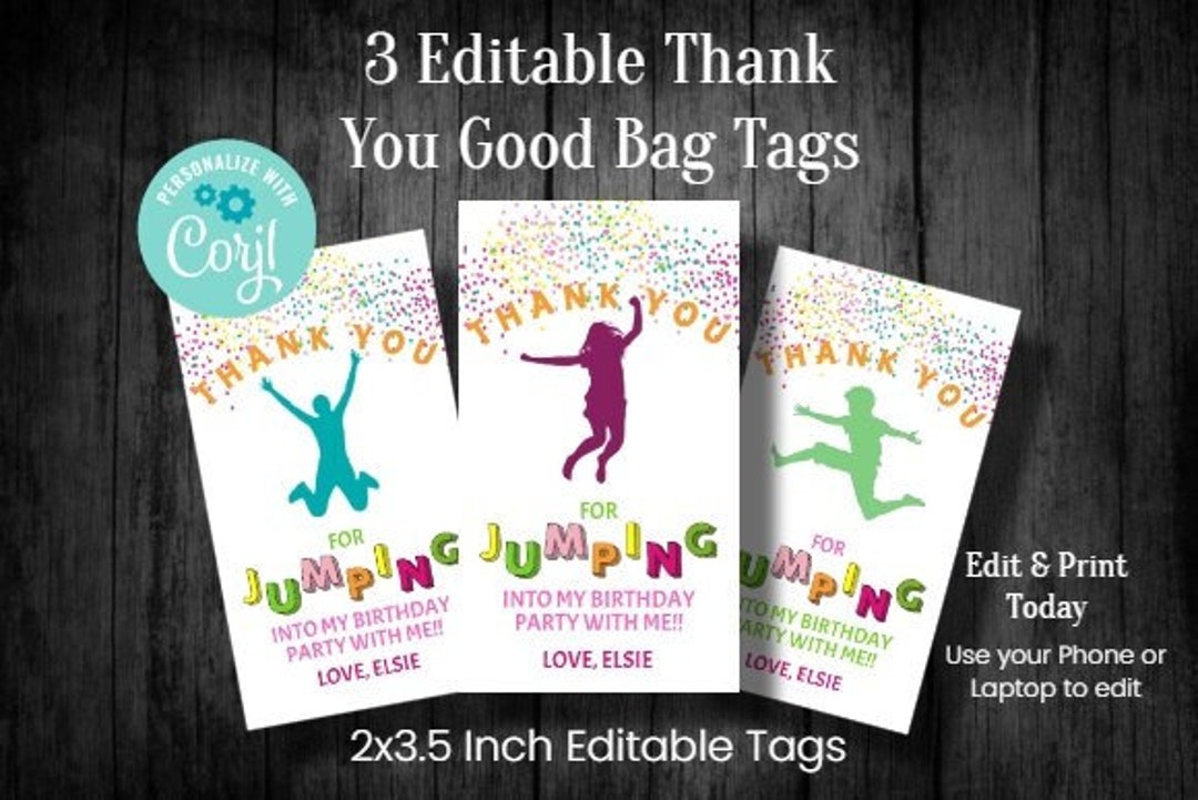 Jump FOUR Joy Birthday Goodie Bag Thank You Tag, Favor Tag, DIY Kids ...