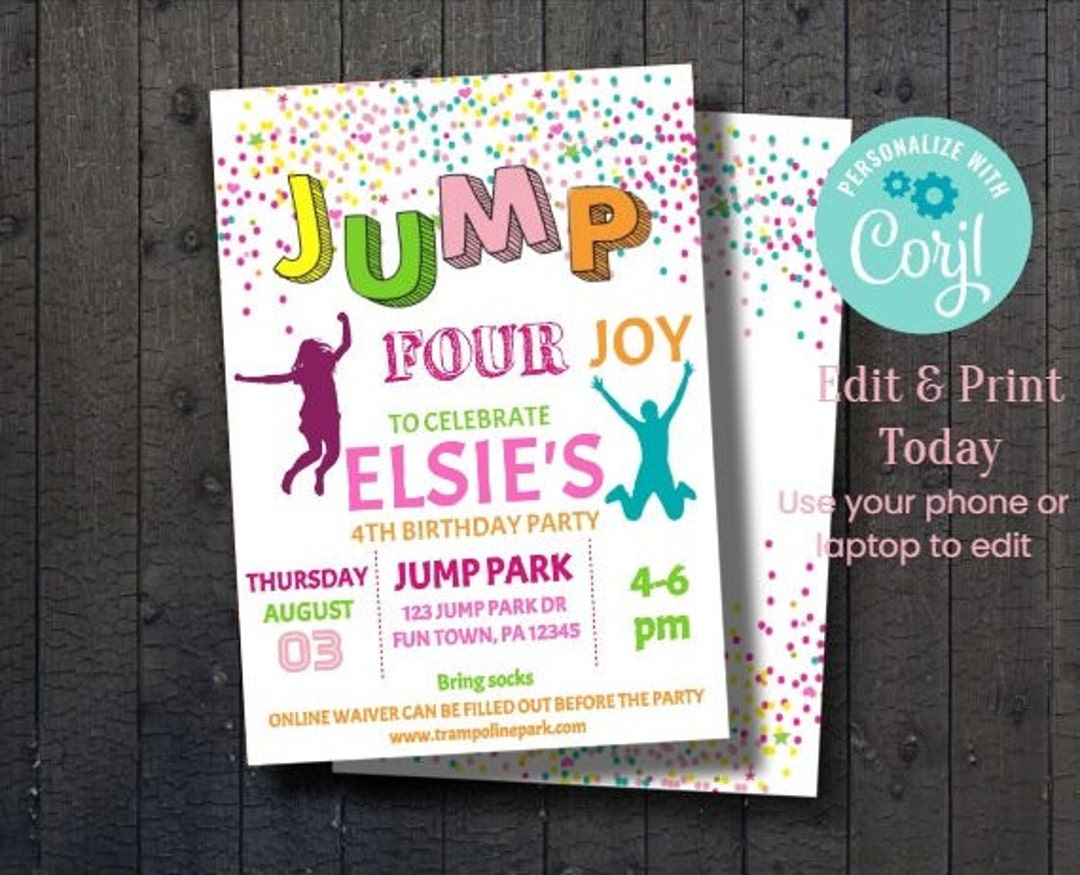 Girls Jump Four Joy Trampoline Park Birthday Invitation Instant ...