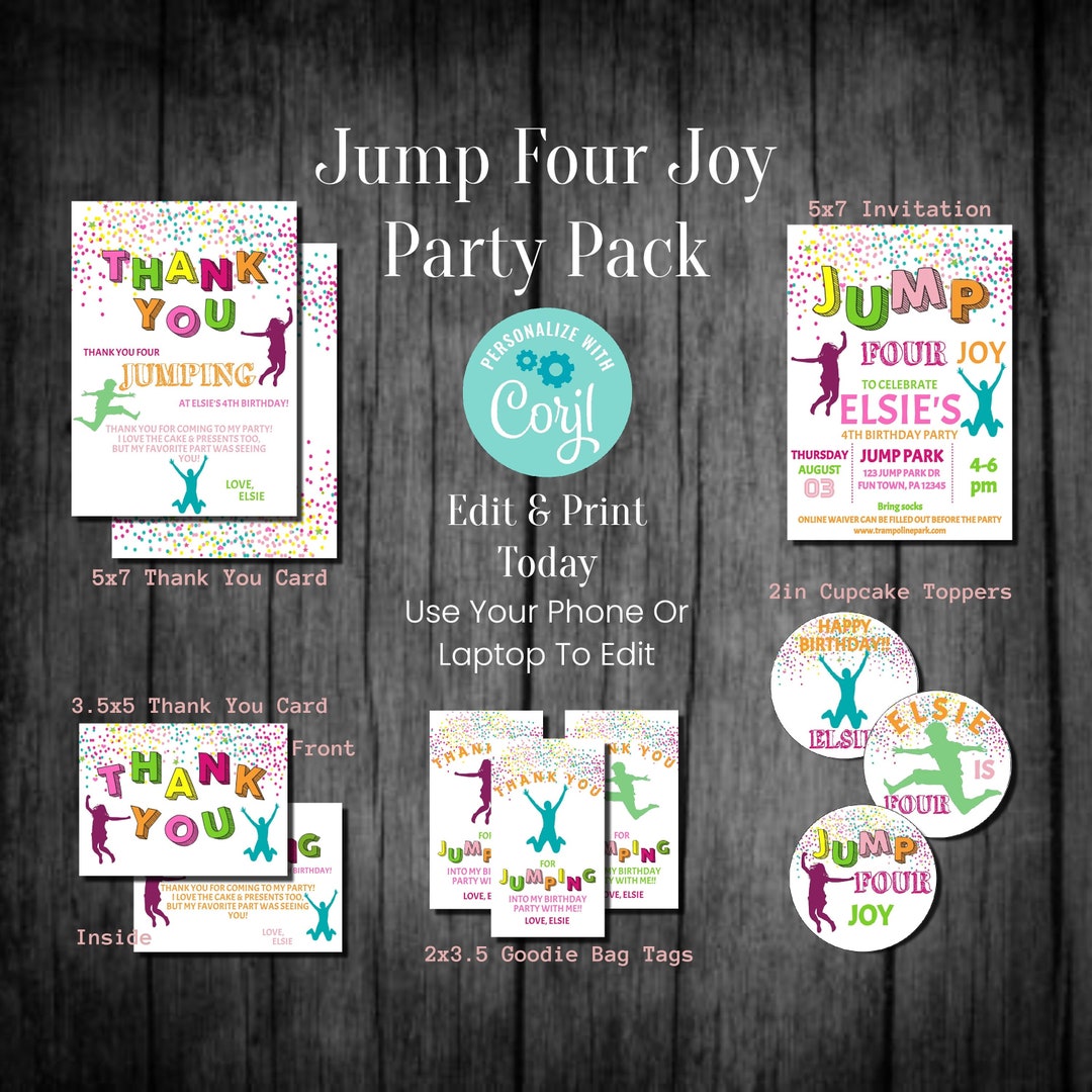 Jump Four Joy Trampoline Park Birthday Party Pack Instant Download - Etsy