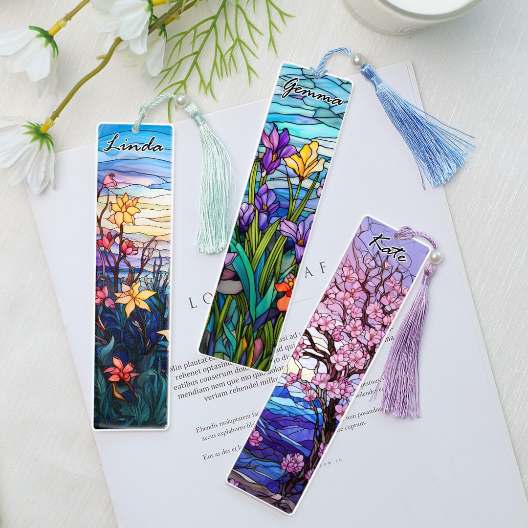 Floral Bookmarks With Name Tassel,personalized Acrylic Flowers Stained ...