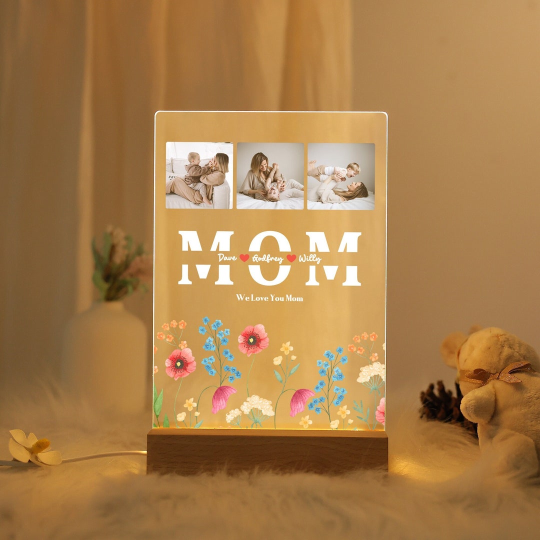 Personalized Mom Birth Flower Night Light, Custom Photo Bedroom Bedside ...