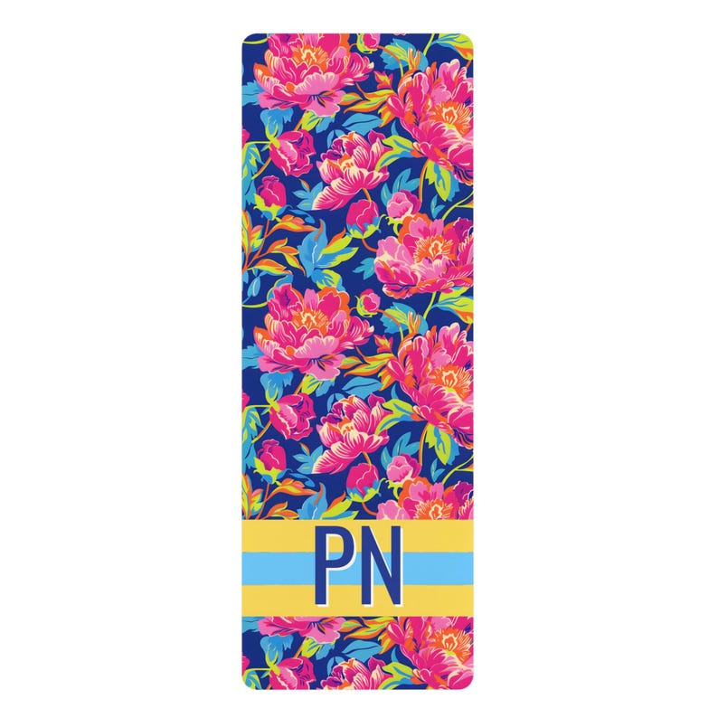 Monogram Rubber Hot Yoga Mat Blue Shadow Initials Floral Peony Print ...