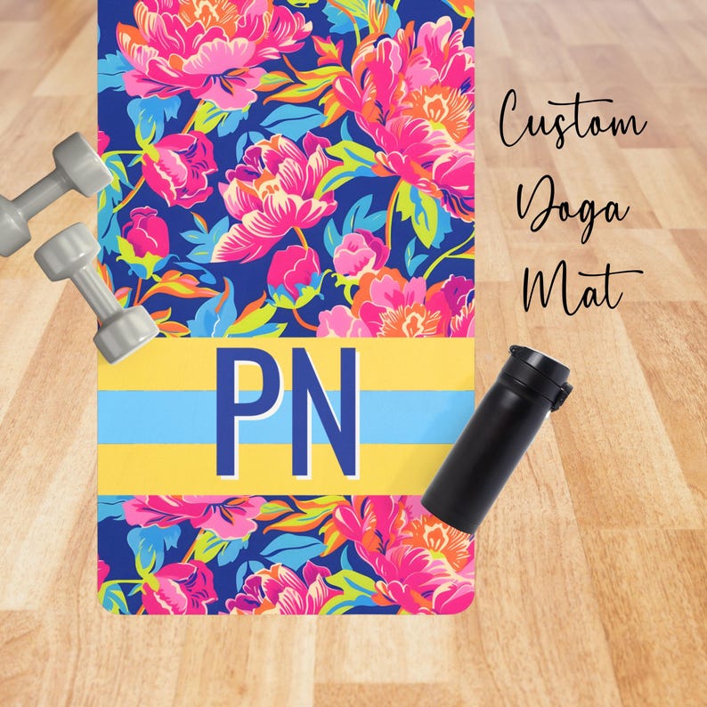 Monogram Rubber Hot Yoga Mat Blue Shadow Initials Floral Peony Print ...