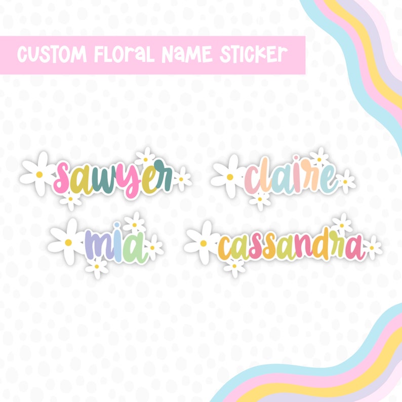Floral Custom Name Stickers, Personalized Name Decal for School ...