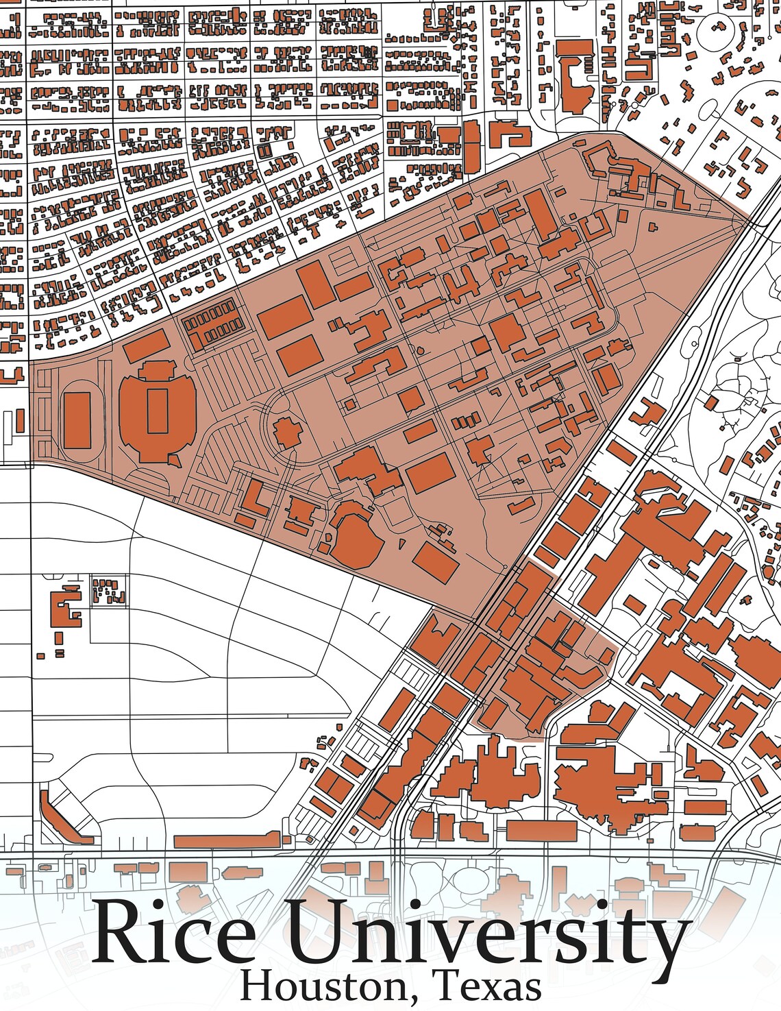 Colored Campus Map of Rice University and All Its Roads | Etsy