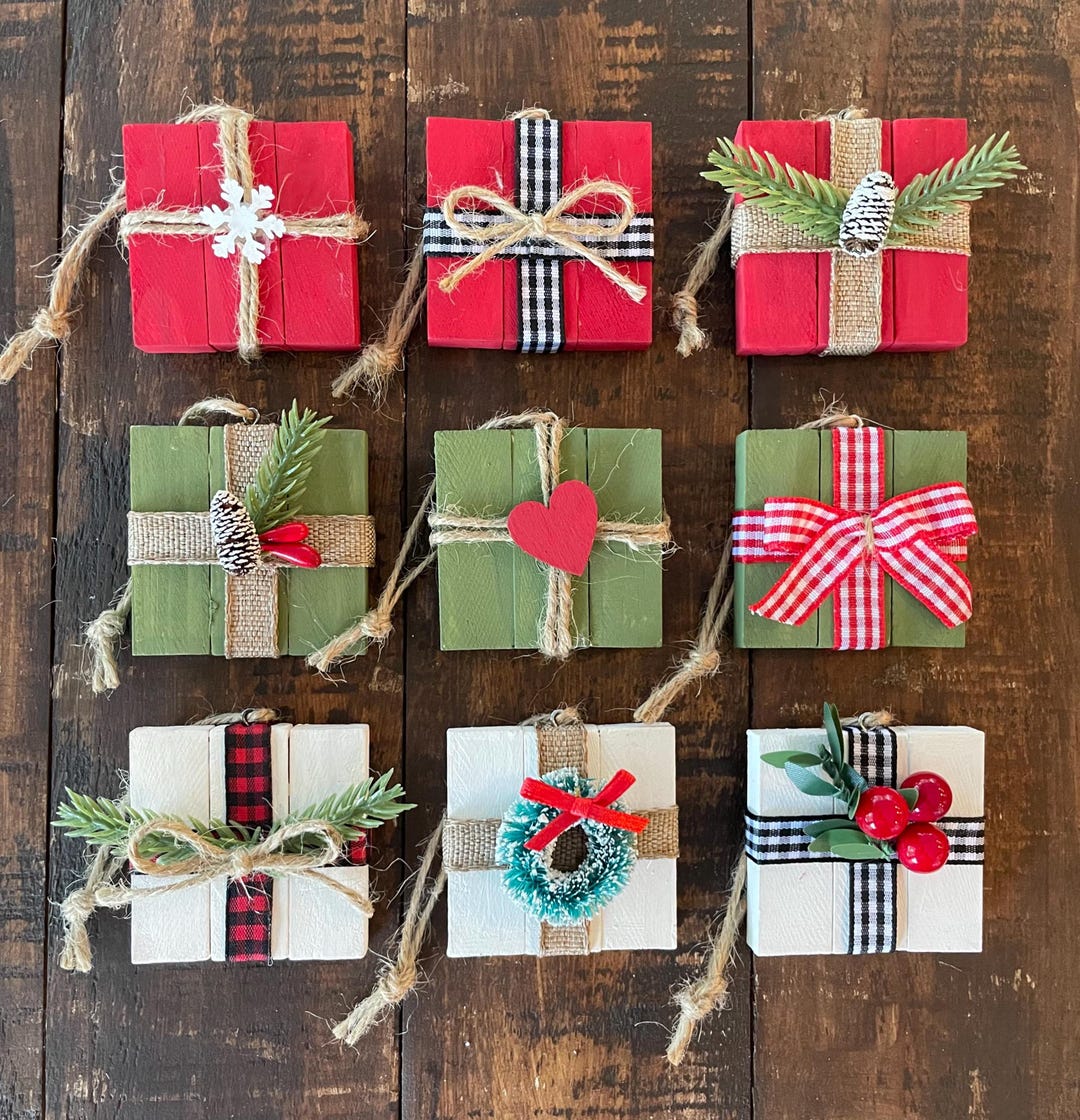 Set of 3 Rustic Present Ornaments, Wood Christmas Ornaments - Etsy