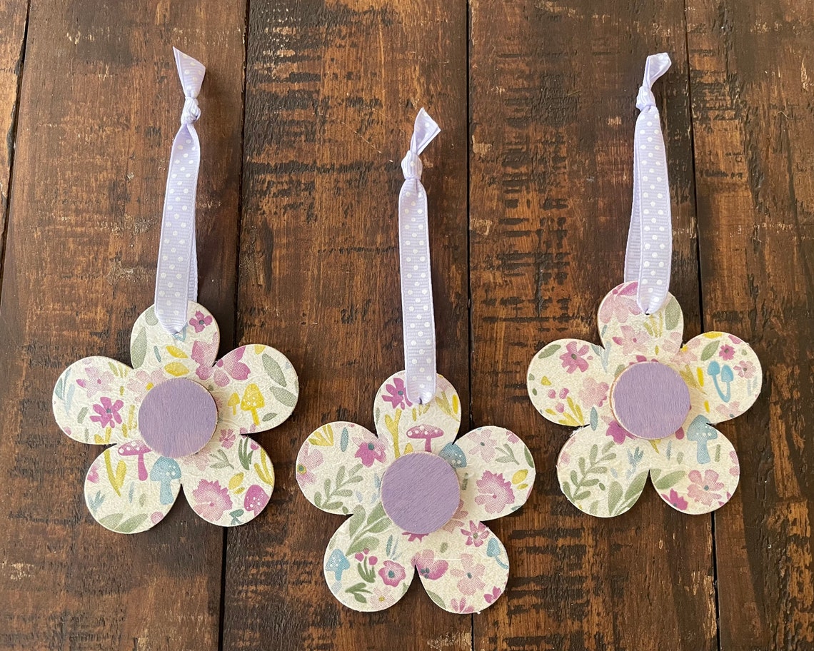 SET of 3 Spring Flower Ornaments, Spring Decor, Decoupaged Wood Flower ...