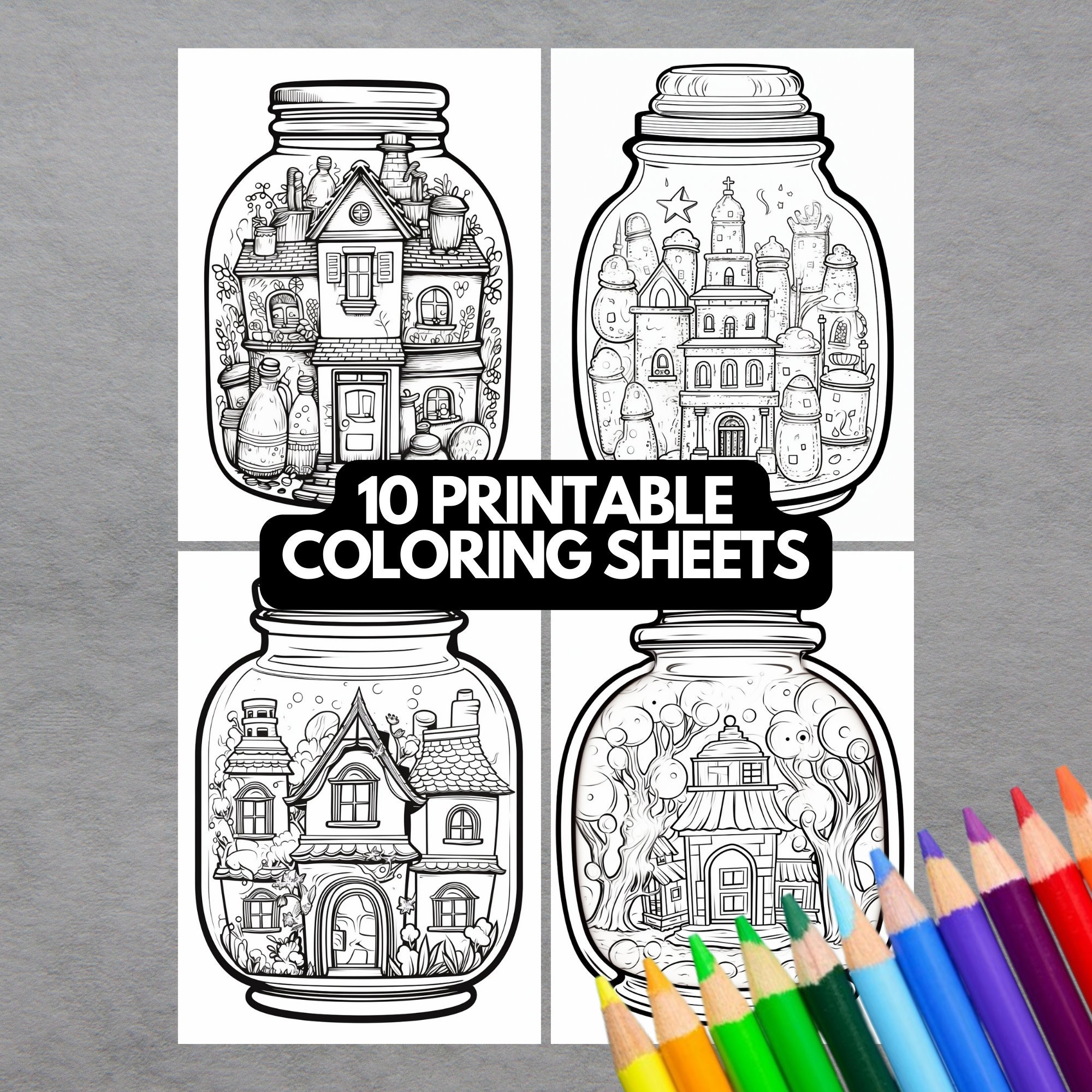 Fantasy Houses in Jars Coloring Book, Printable Coloring Pages, Fantasy ...