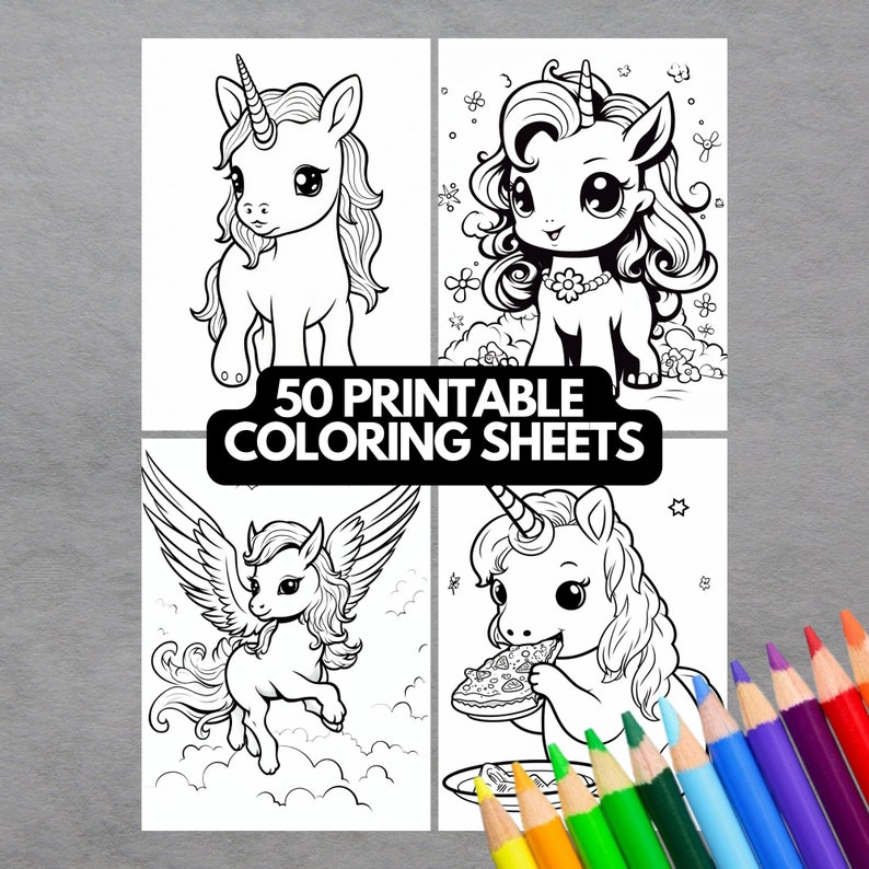 Unicorn Coloring Printable Book Pages Ages 4-12: 50 Fantasy Kawaii ...