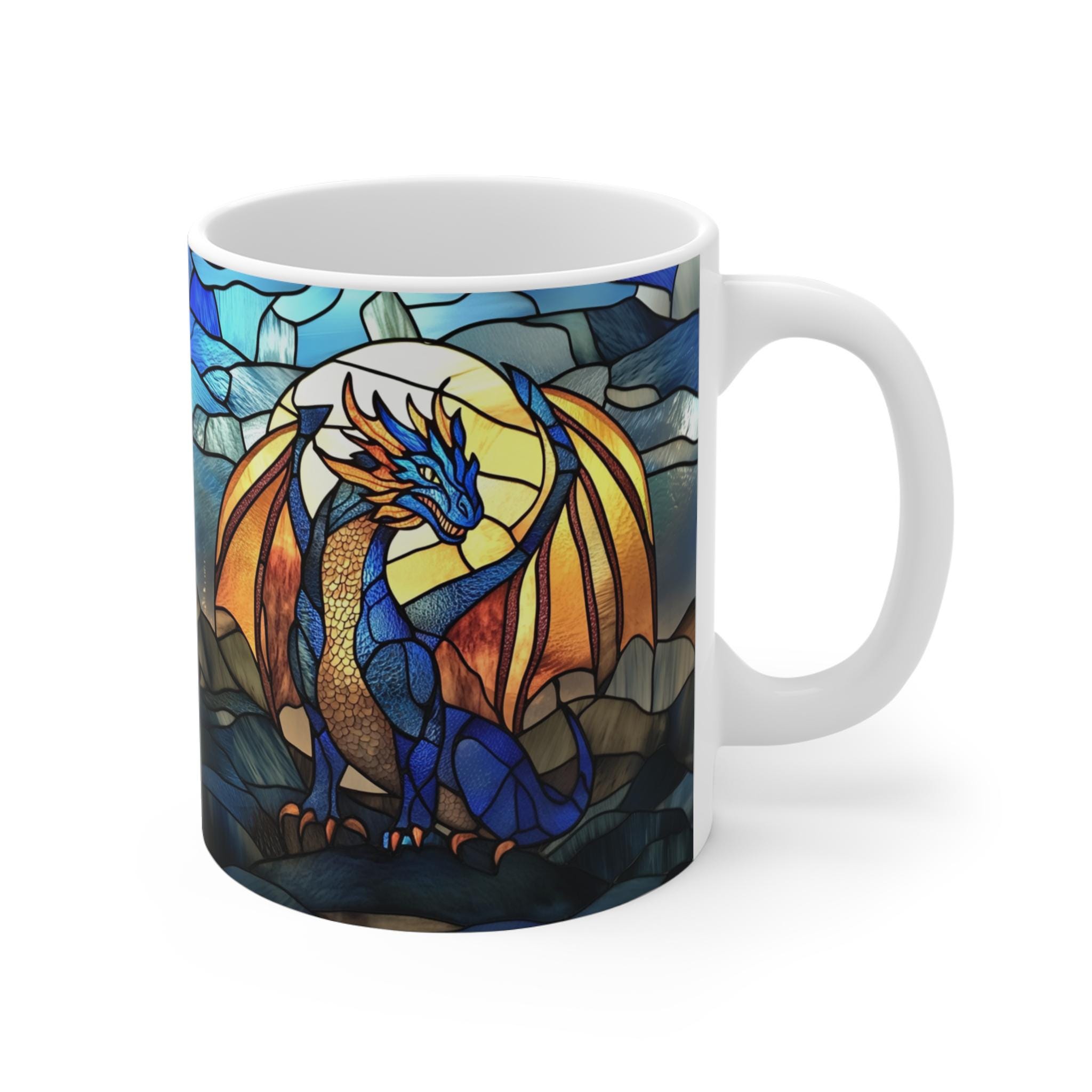 Blue Dragon Mug, Ceramic Dragon Coffee Cup 11oz, Stained Glass Style ...