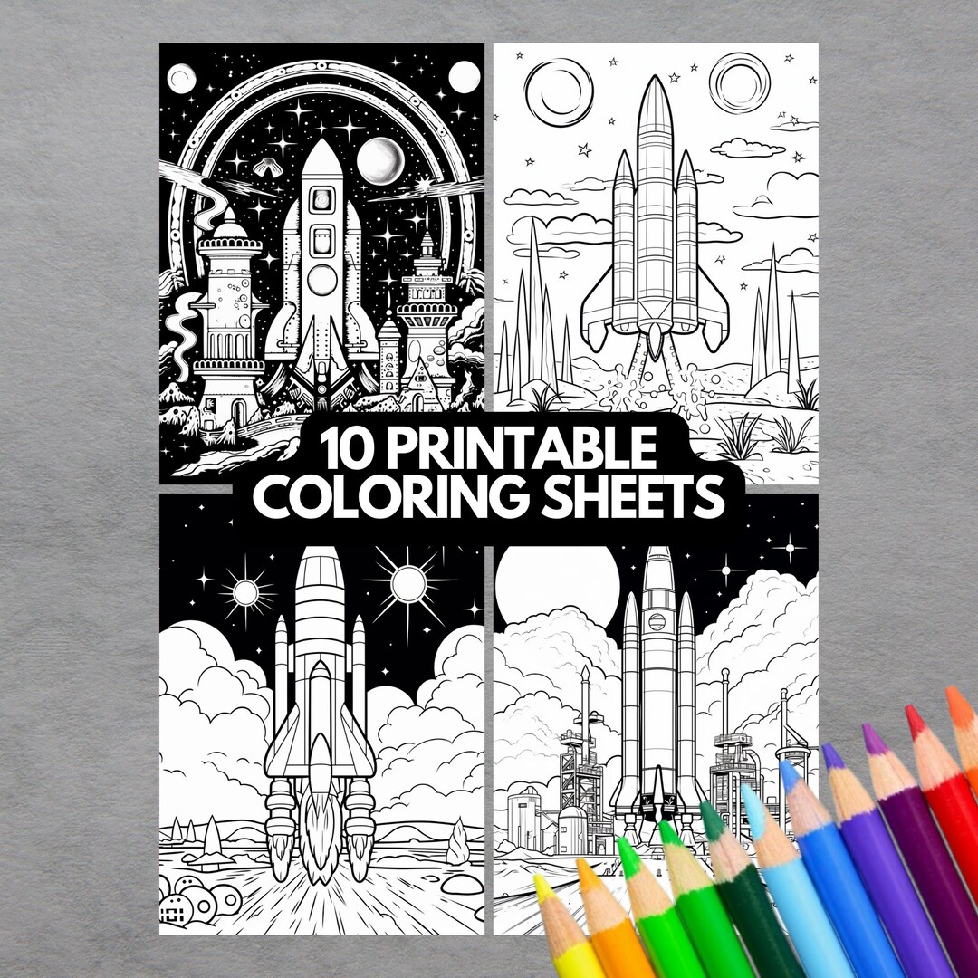 Rocket Ships Coloring Book, 10 Coloring Pages, for Adults and Kids ...