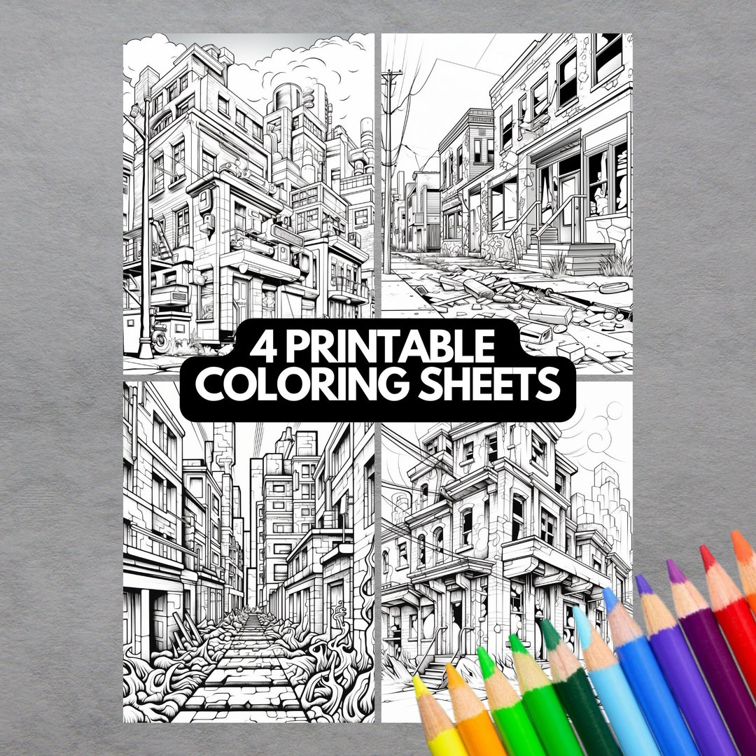 Street Scenes Colouring Pages for Adults - Urban City Streets Empty Village Streets Black White ...
