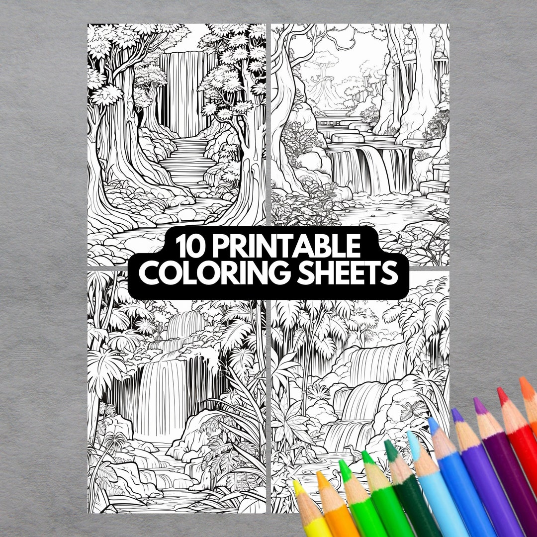 Beautiful Waterfall Landscape Coloring Pages | 8.5" X 11" Printable PDF ...