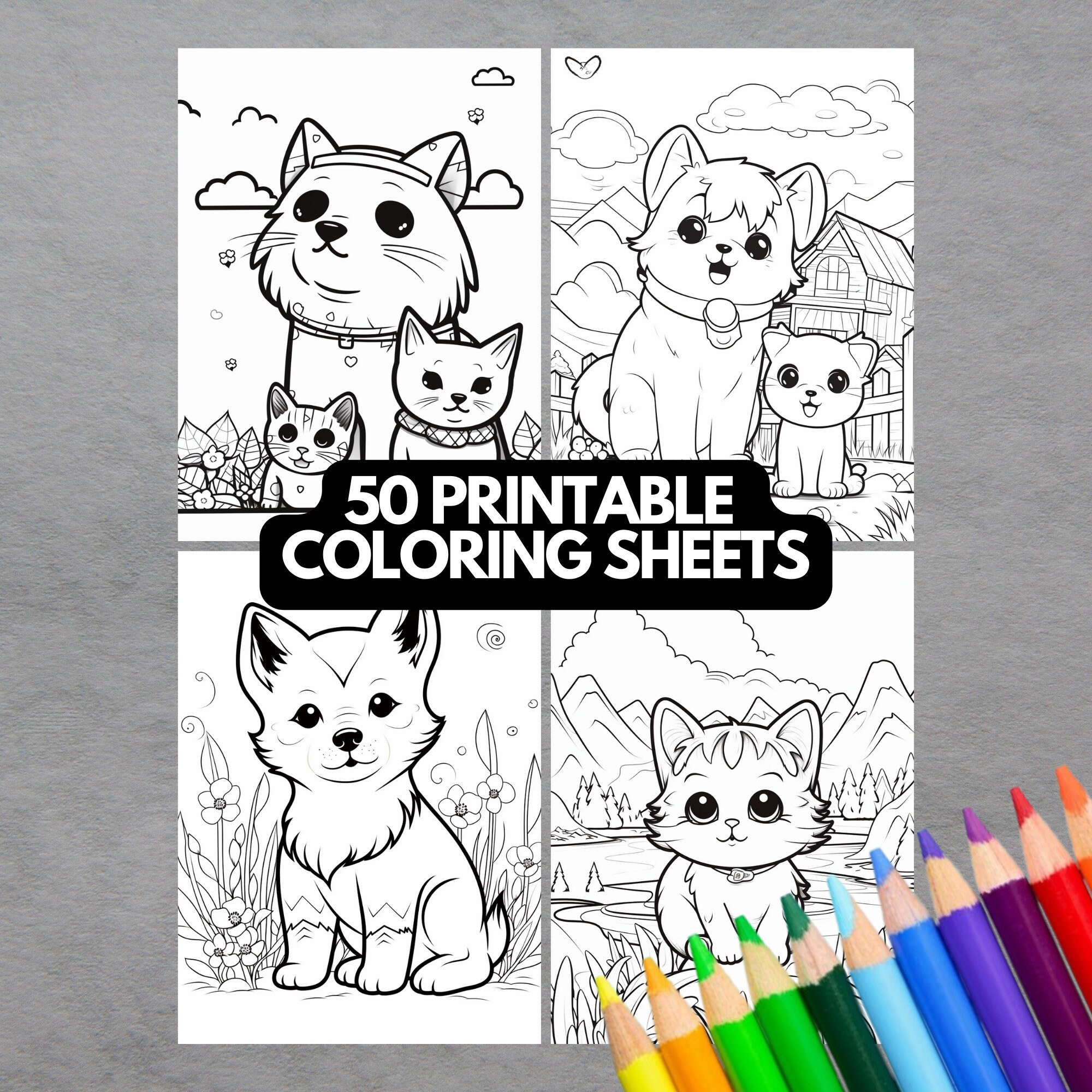 Cats and Dogs Printable Coloring Pages for Kids and Adults: 50 Coloring ...