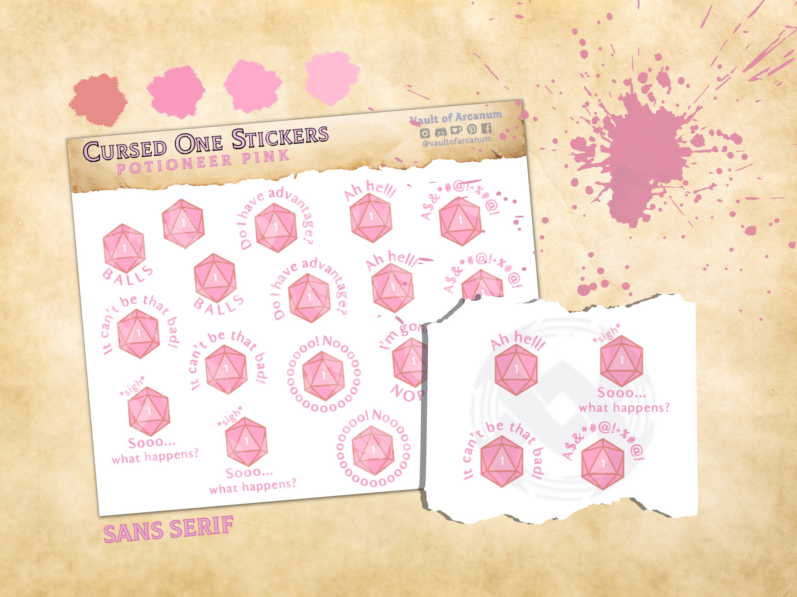 Cursed One Dice Stickers Potioneer Pink Fantasy TTRPG Nat 1 Dice ...