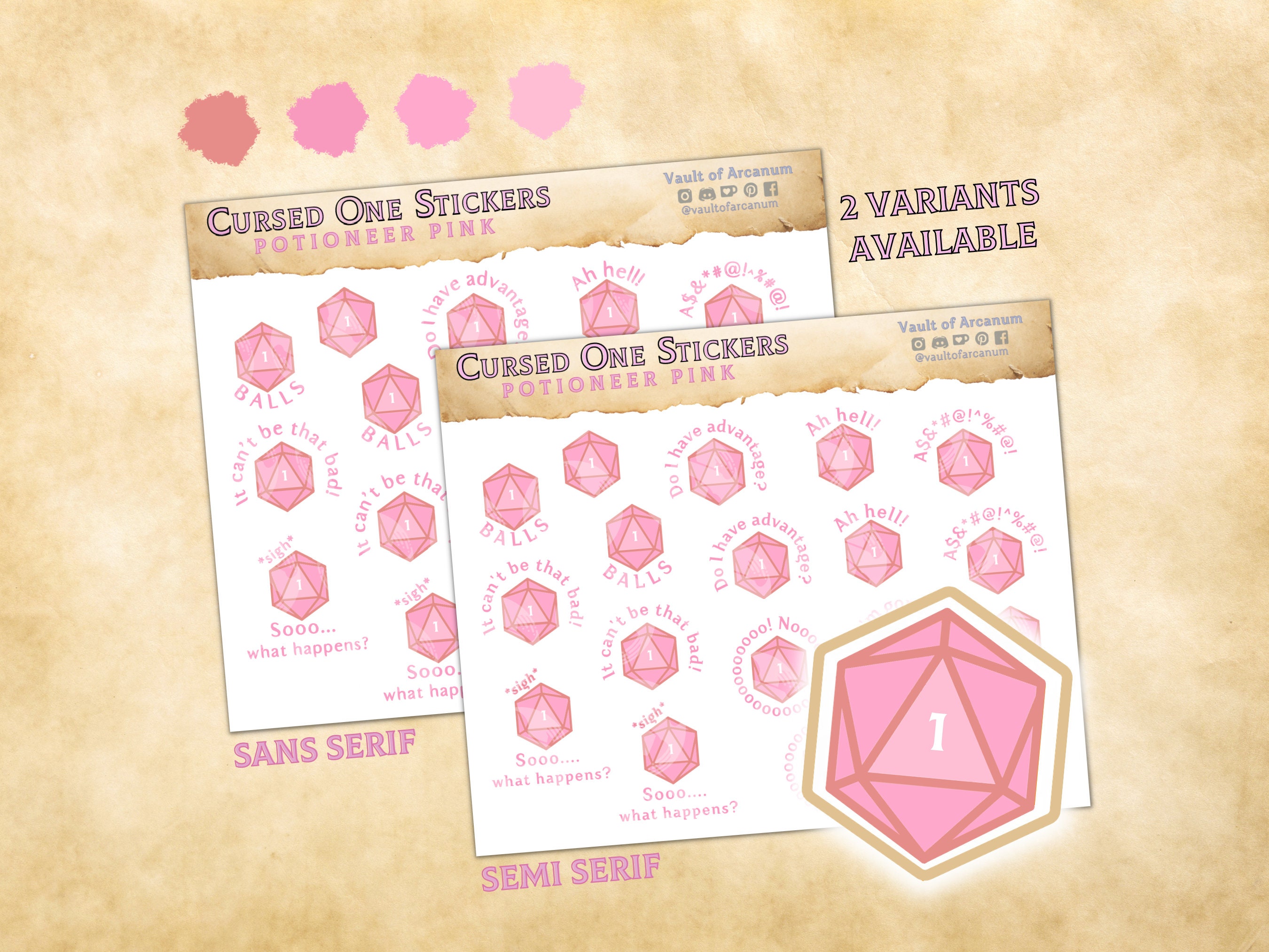 Cursed One Dice Stickers Potioneer Pink Fantasy TTRPG Nat 1 Dice ...