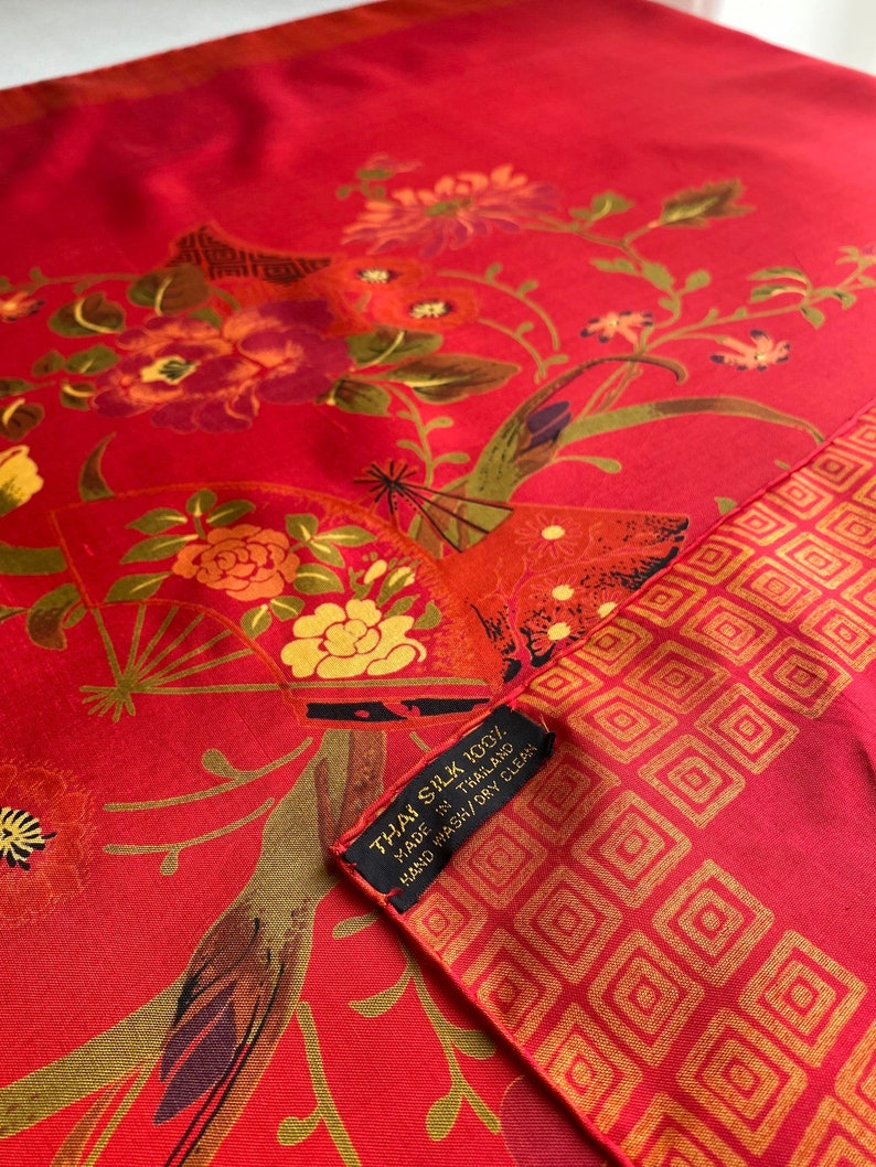 Vintage Thai Silk Scarf Flora and Fauna Fabric Fabric Wall Hanging ...