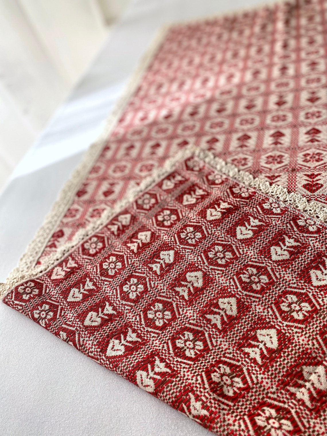 Vintage Italian Table Runner in Red and White Patterns With Crocheted ...