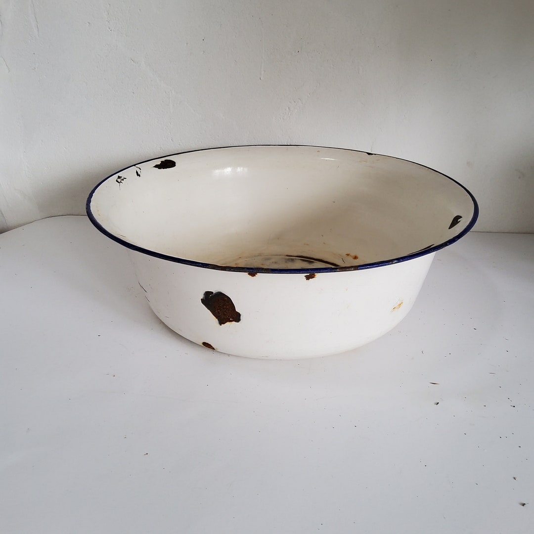 Large, Antique Enamel Bowl, 38 Cm, White Enamel Wash Bowl With Blue Rim ...