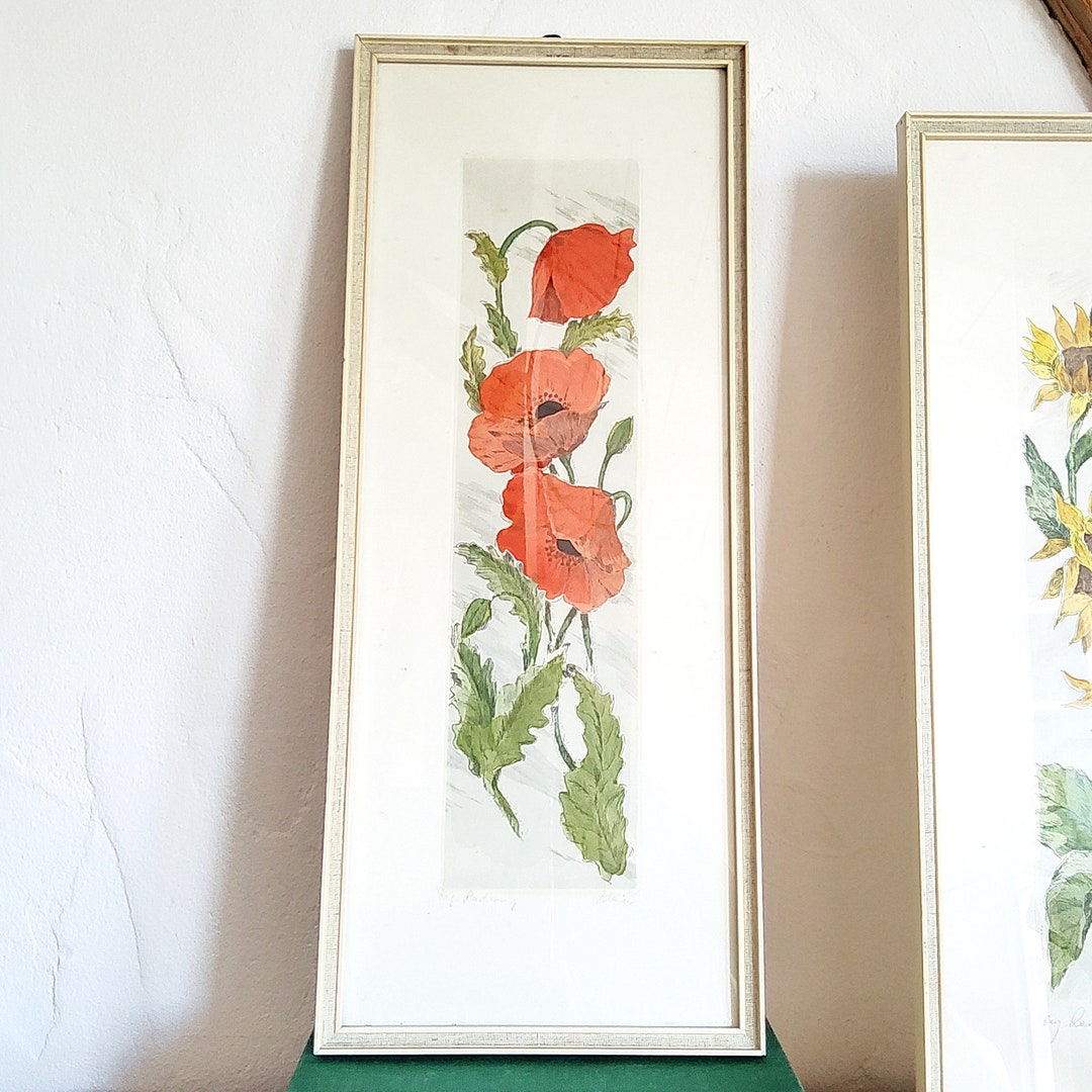 Original Etching of Poppy Flowers, Hand-signed Narrow Picture of Red ...
