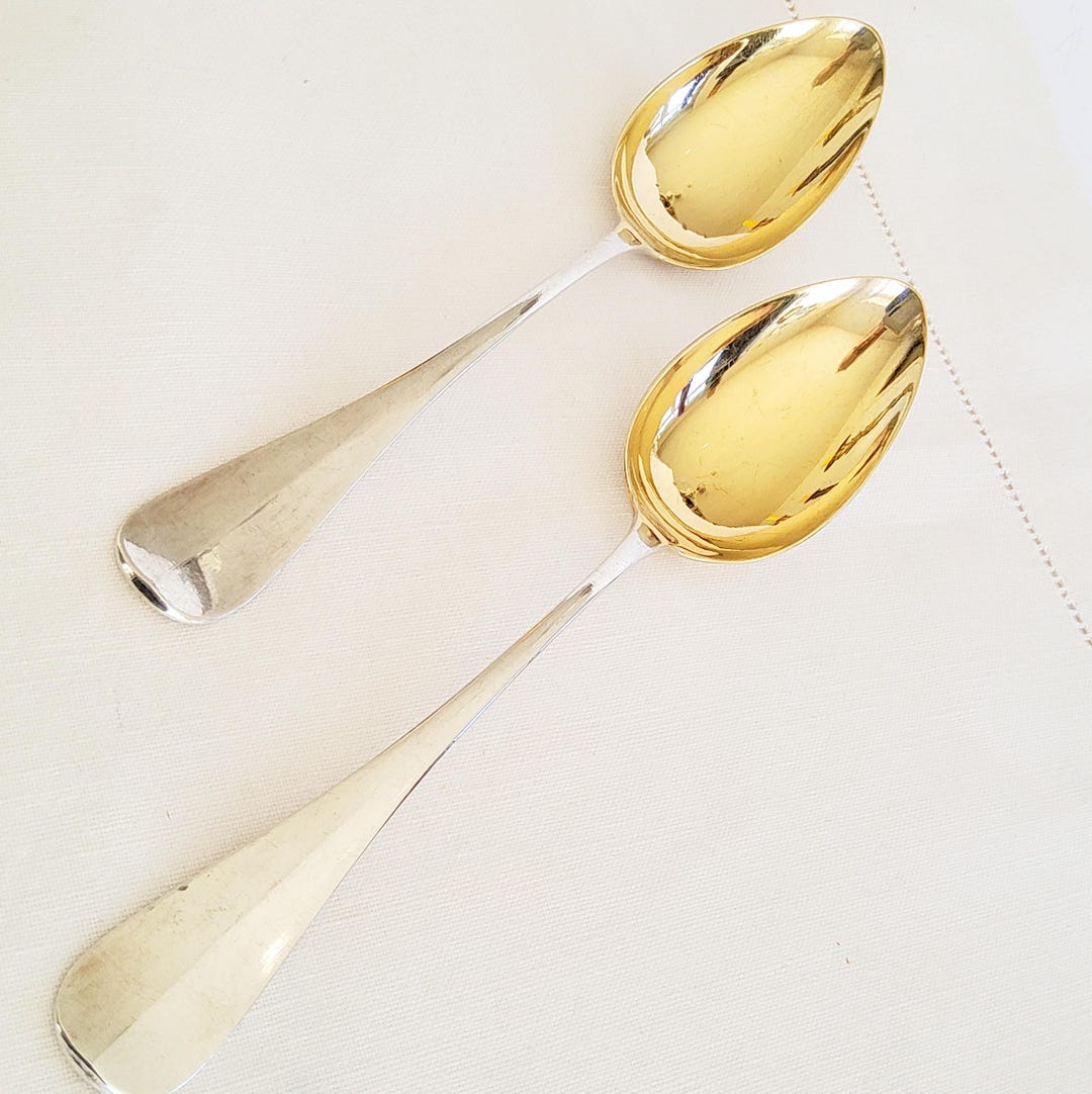 2 Silver Spoons, Gold-plated, Dessert Spoons, Ca. 1920, Art Deco ...