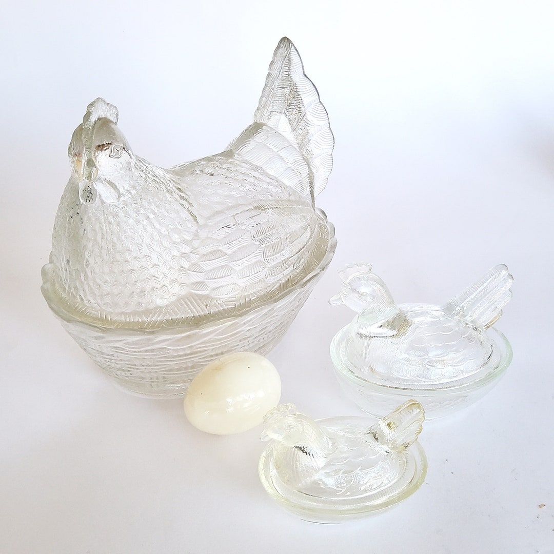 Giant Glass Chicken 21 Cm, Hen on Nest Pressed Glass, Vintage Lidded ...