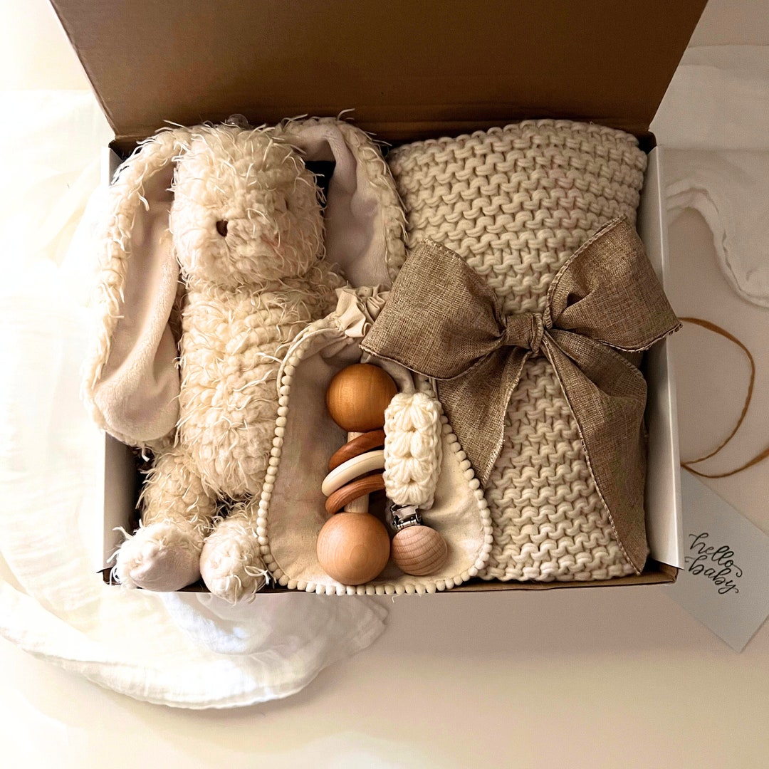 Baby Gift Box, Neutral Baby Gift, Handmade Knit Baby Blanket, Baby Gift ...