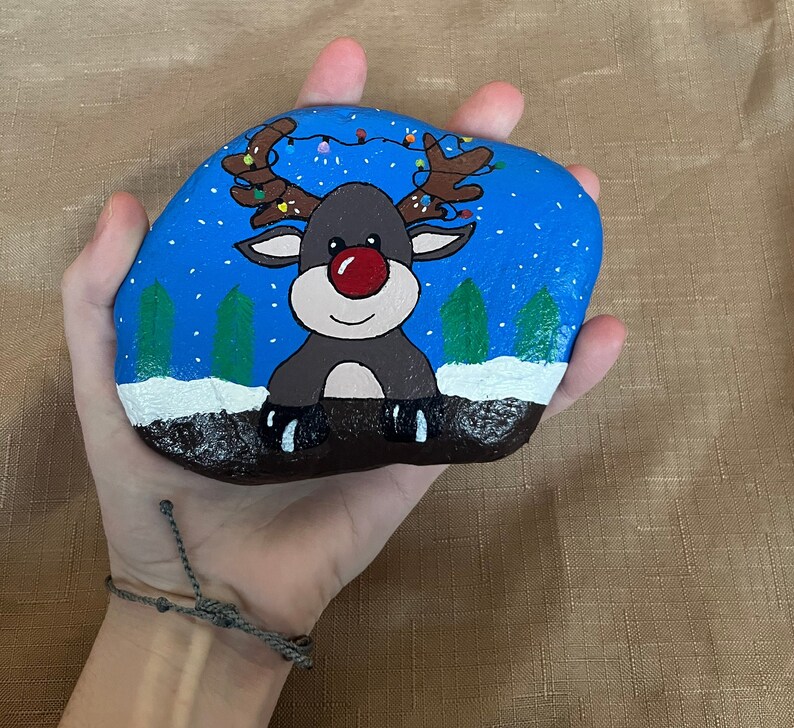 Reindeer Painted Rock - Etsy