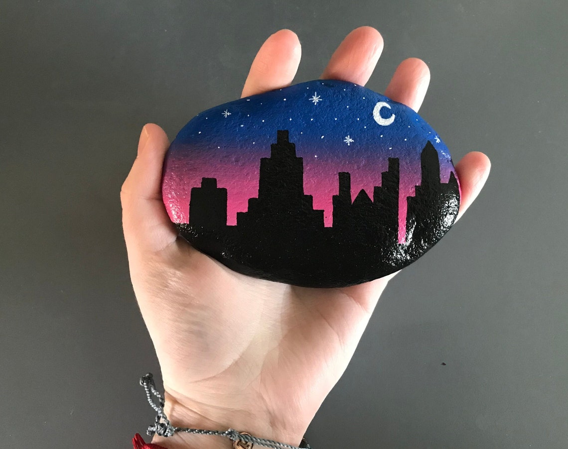 City Silhouette Painted Rock - Etsy