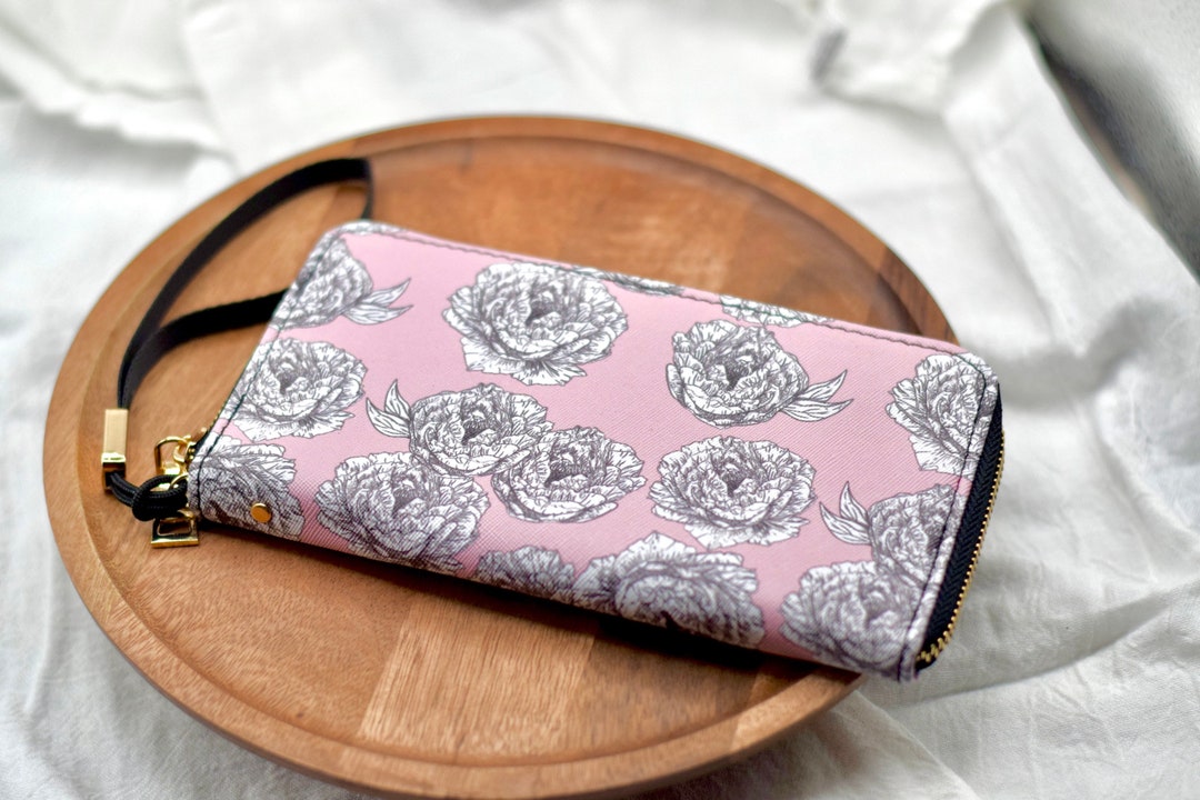 Pink Peony Flower Zipper Wallet, Floral Aesthetic, Vegan Wallet, Flower ...