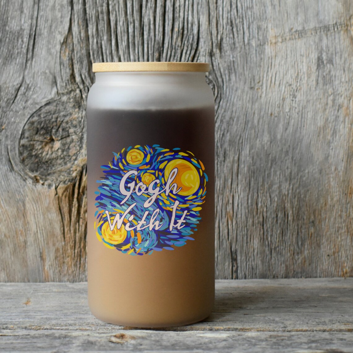 Van Gogh Cup 16 Oz Frosted Beer Can Glass With Bamboo Lid Etsy