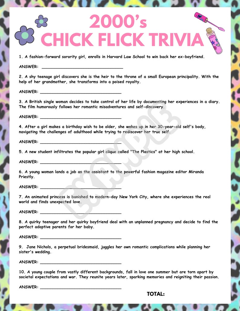 2000’s Chick Flick Trivia Game - Y2K Party Theme Activity - Fun for ...
