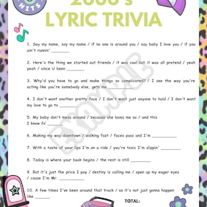 2000’s Lyric Trivia - Y2K Party Theme Activity - Fun for Bachelorette ...
