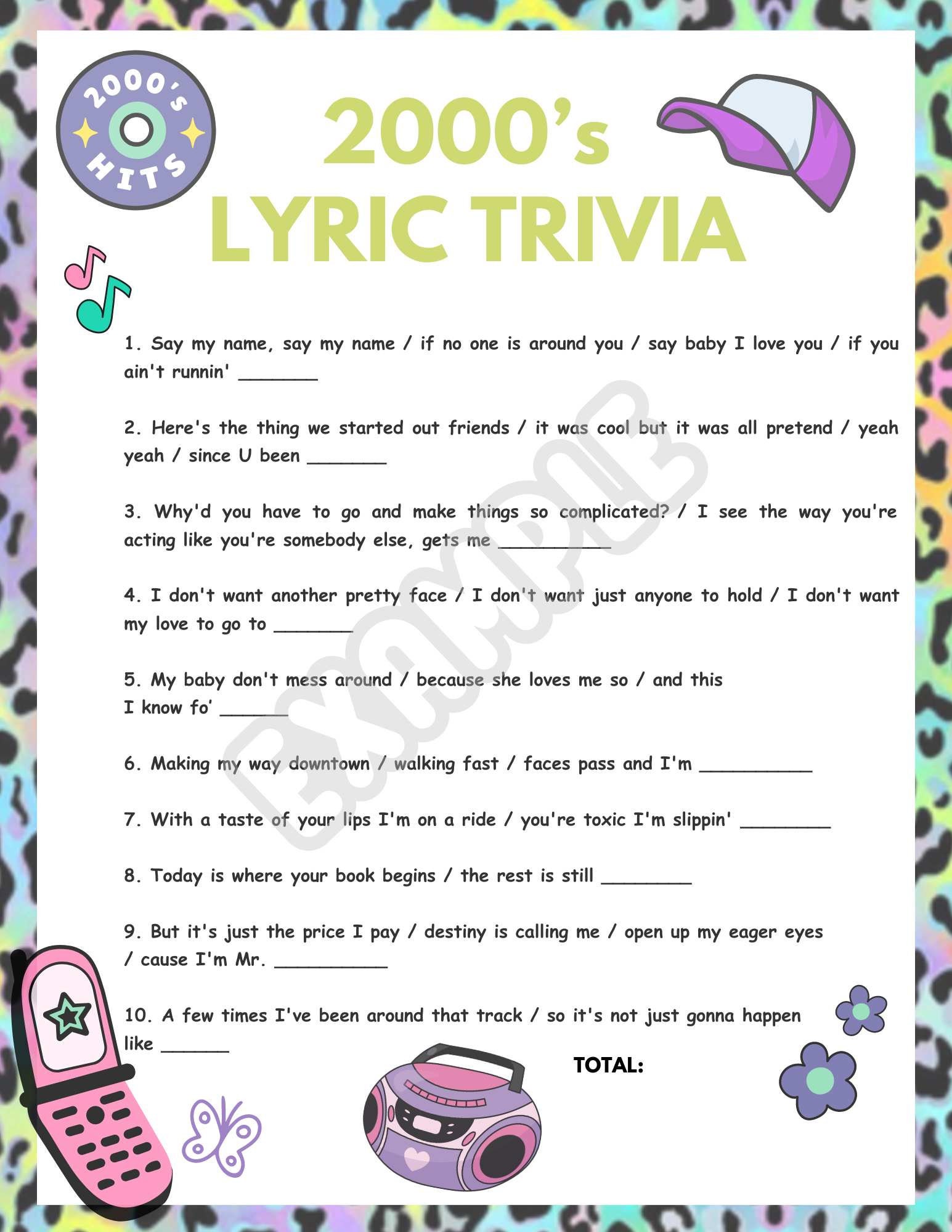 2000’s Lyric Trivia - Y2K Party Theme Activity - Fun for Bachelorette and Birthday Parties ...