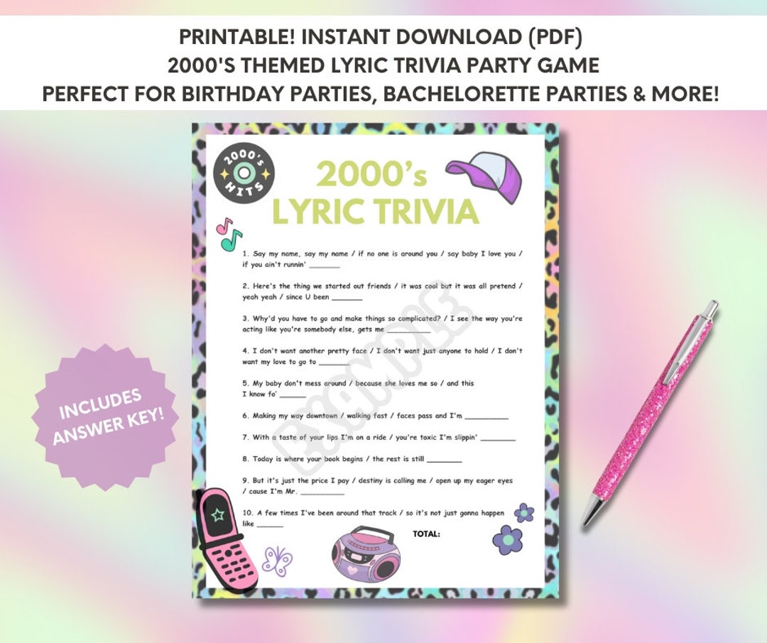 2000’s Lyric Trivia - Y2K Party Theme Activity - Fun for Bachelorette ...