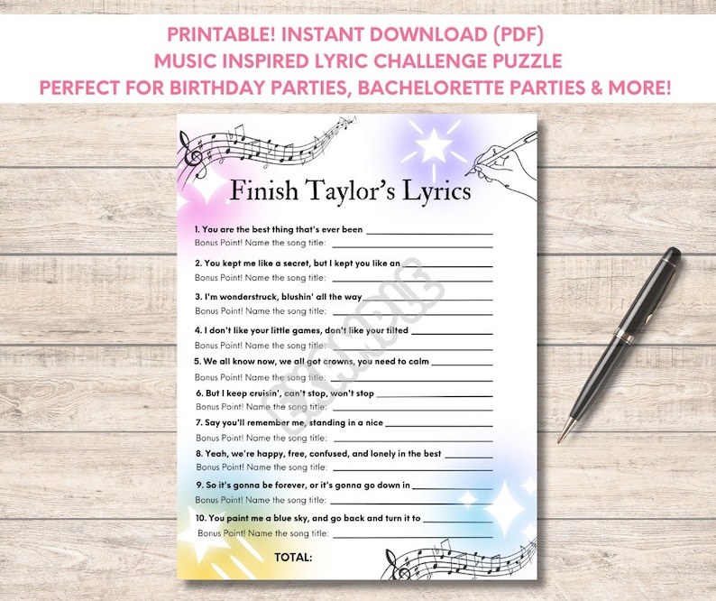 Swiftie Lyric Challenge - Taylor Swift Birthday Party Games - Etsy